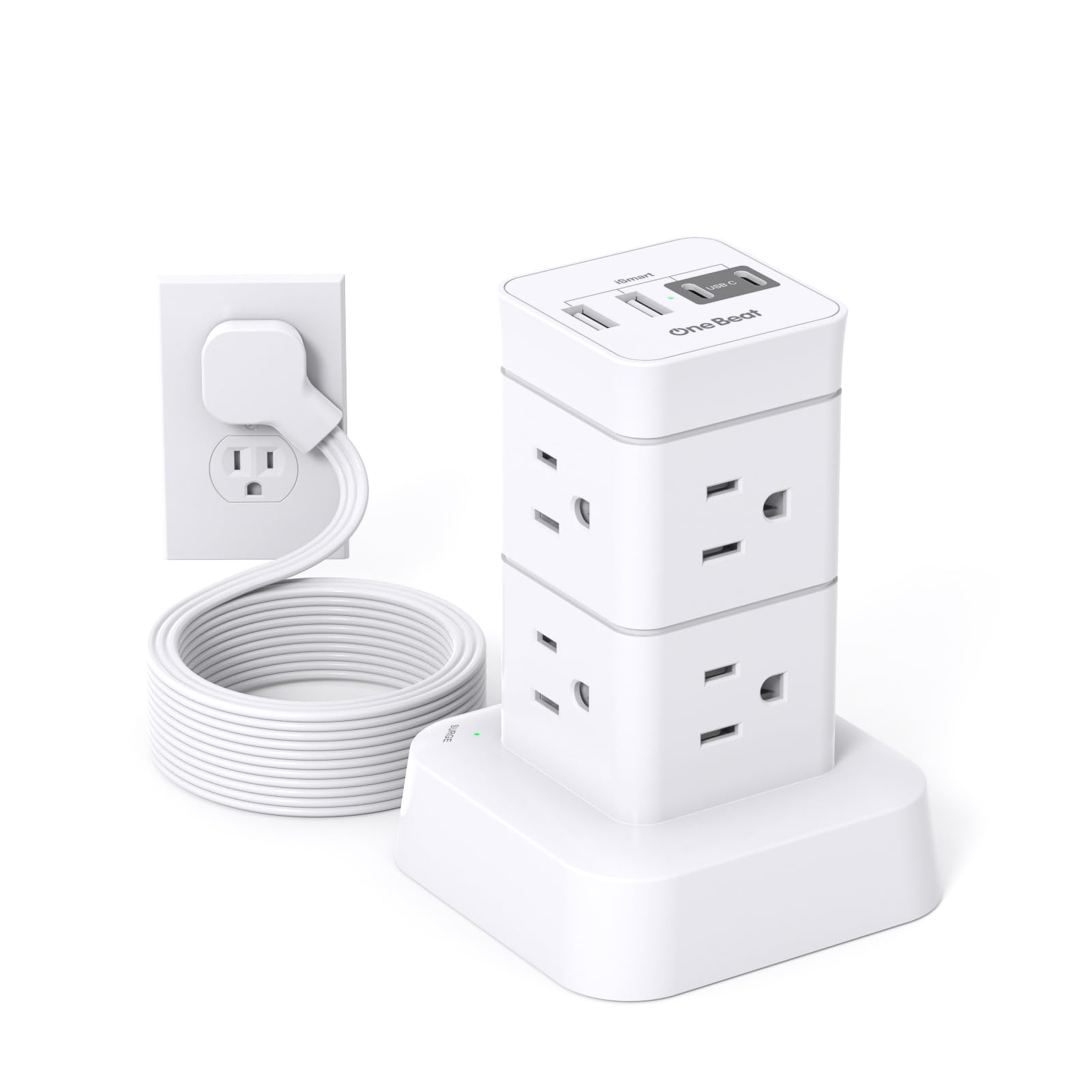 One Beat Tower Surge Protector Power Strip 10 ft,Long Flat Extension C ...