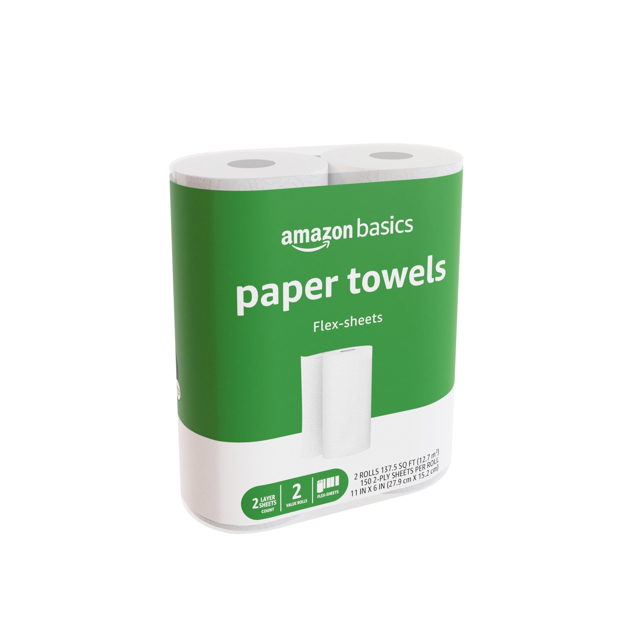 Amazon Basics 2-Ply Flex-Sheets Paper Towels, 2 Basics Rolls = 5 Regul ...