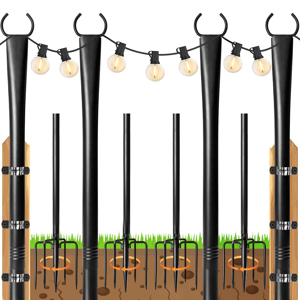 4 Pack String Light Poles for Outside, 10ft Heavy-Duty Metal Light Pol ...