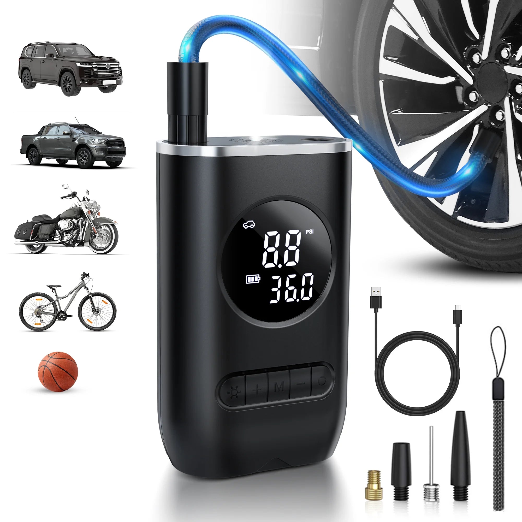 Tire Inflator Portable Air Compressor, 150PSI Cordless Air Pump for Ca ...