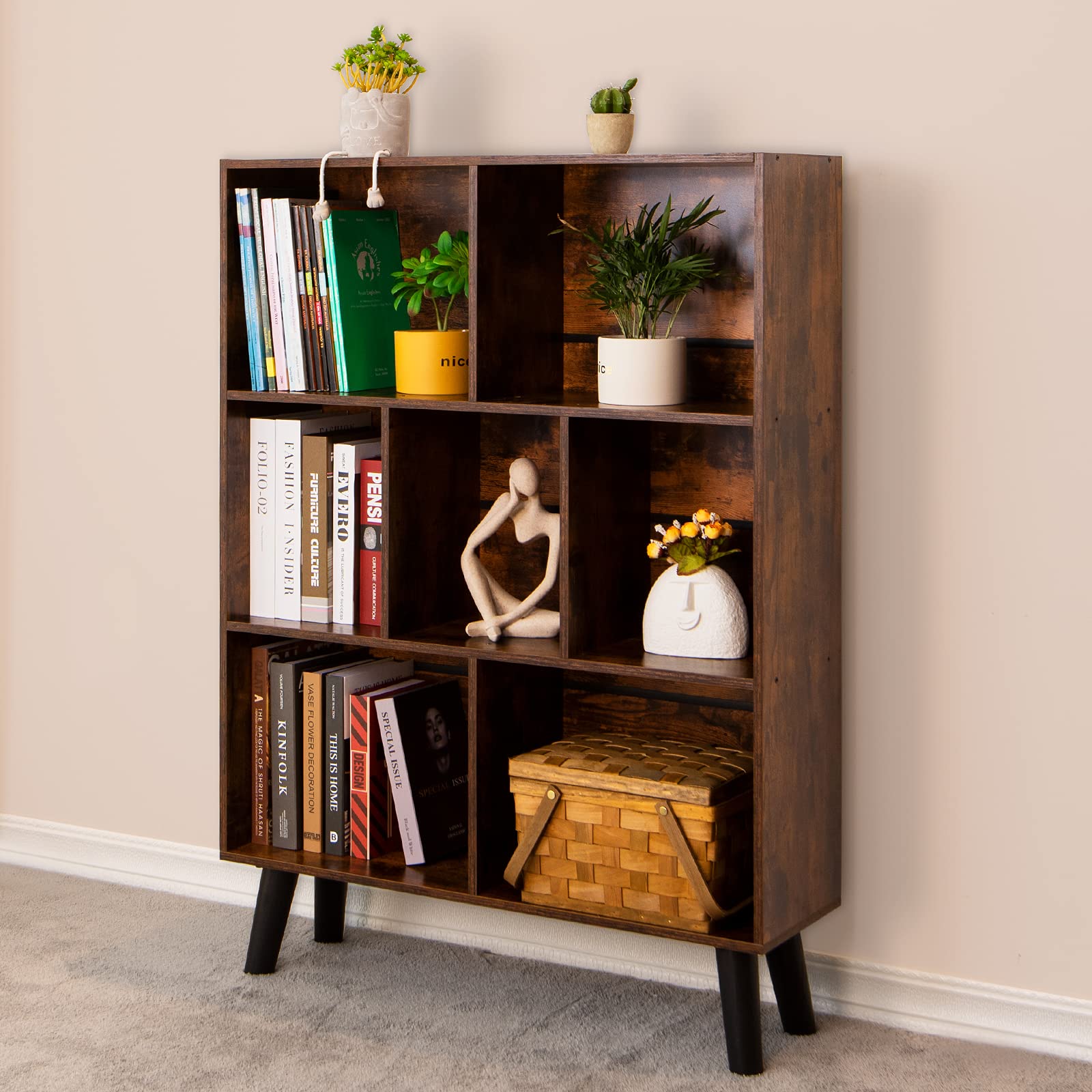 LEYAOYAO Cube Bookshelf 3 Tier Mid-Century Rustic Brown Modern Bookcas ...
