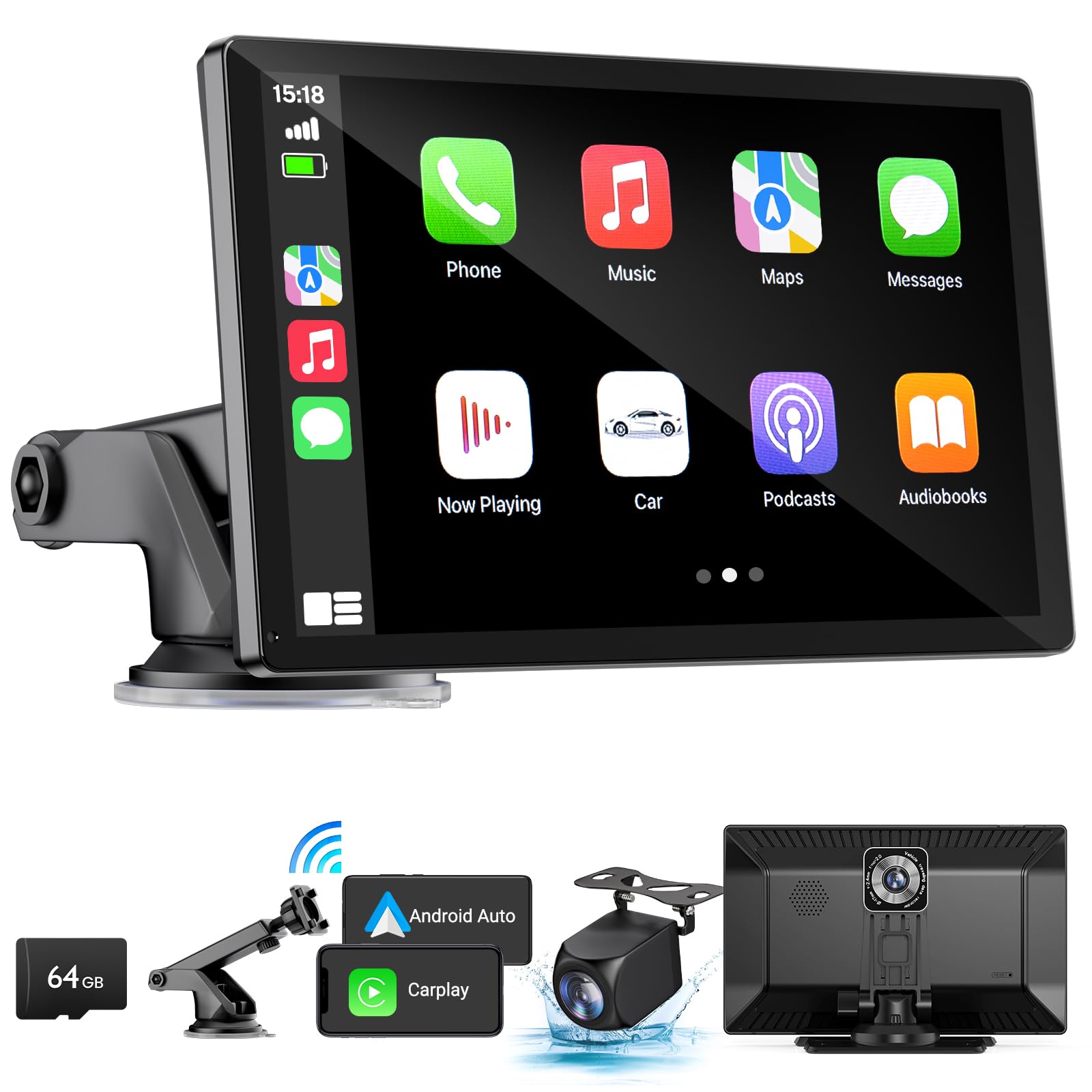 HAUXIY Wireless Apple Carplay Screen for Car 4K Dash Cam, 9" Portable ...