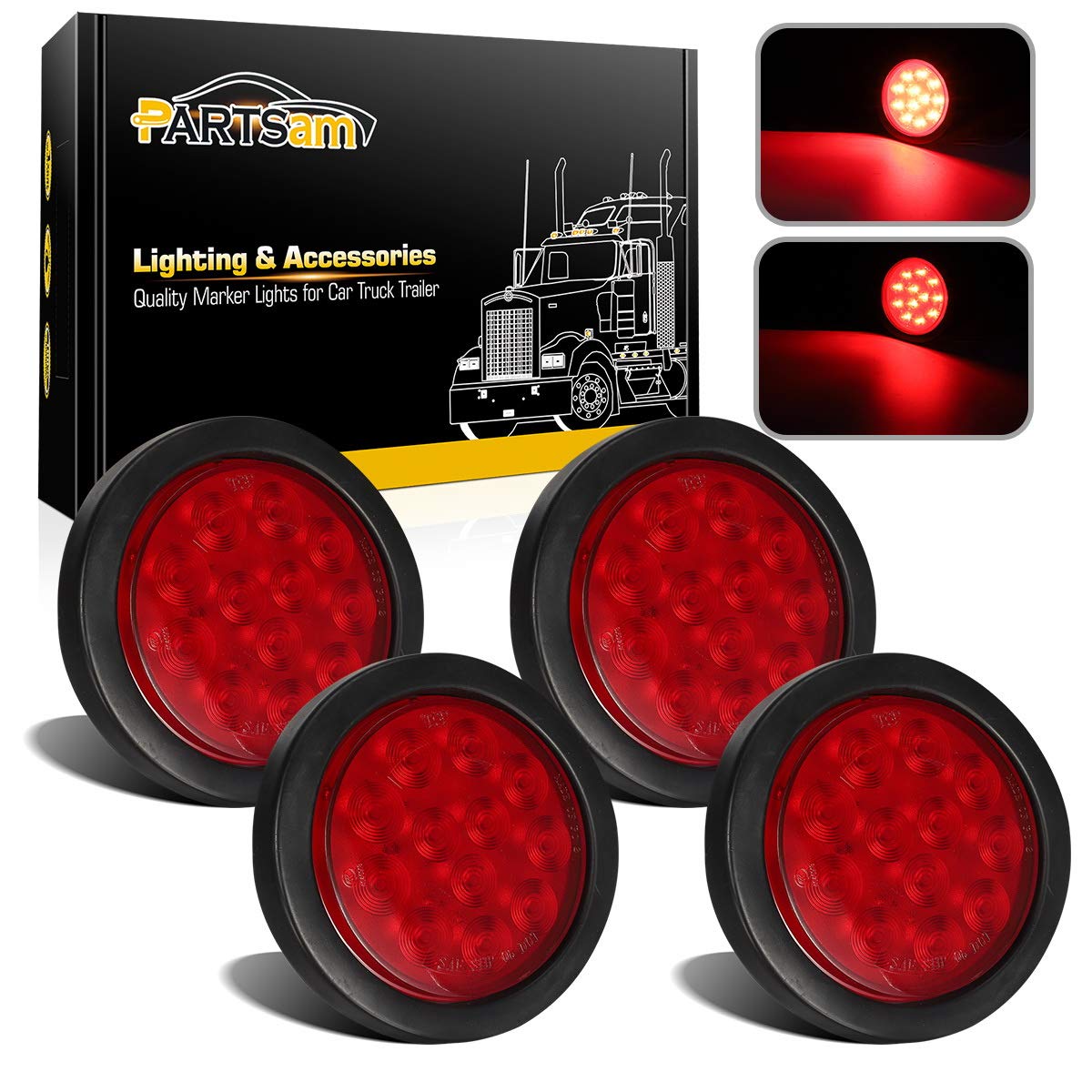 Partsam 4Pcs 4 Inch Round Led Trailer Tail Lights Kit Red 12 LED Water ...
