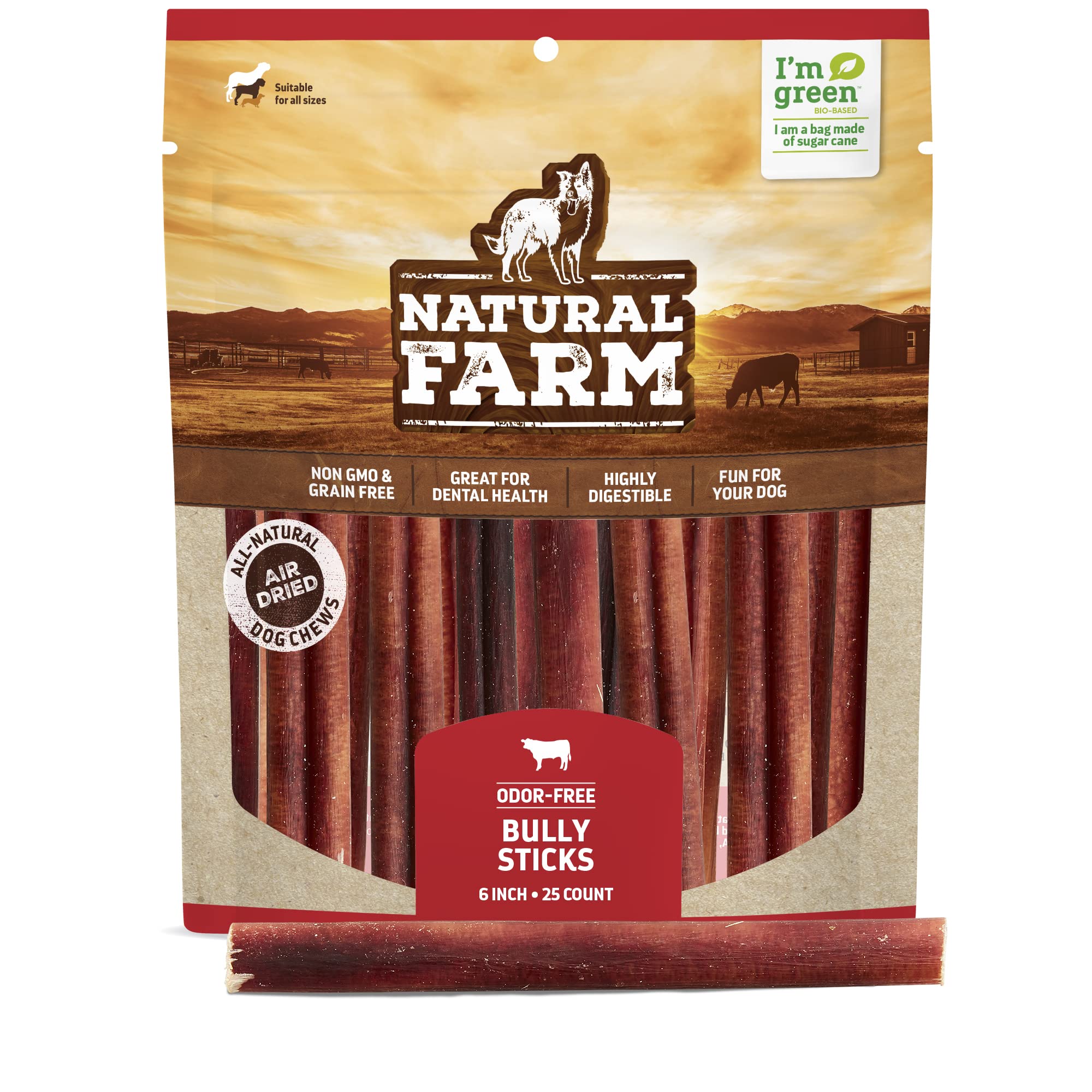 Natural Farm Odor-Free Bully Sticks (6 Inch, 25 Pack), 1.3 lb. Bag, Fu ...