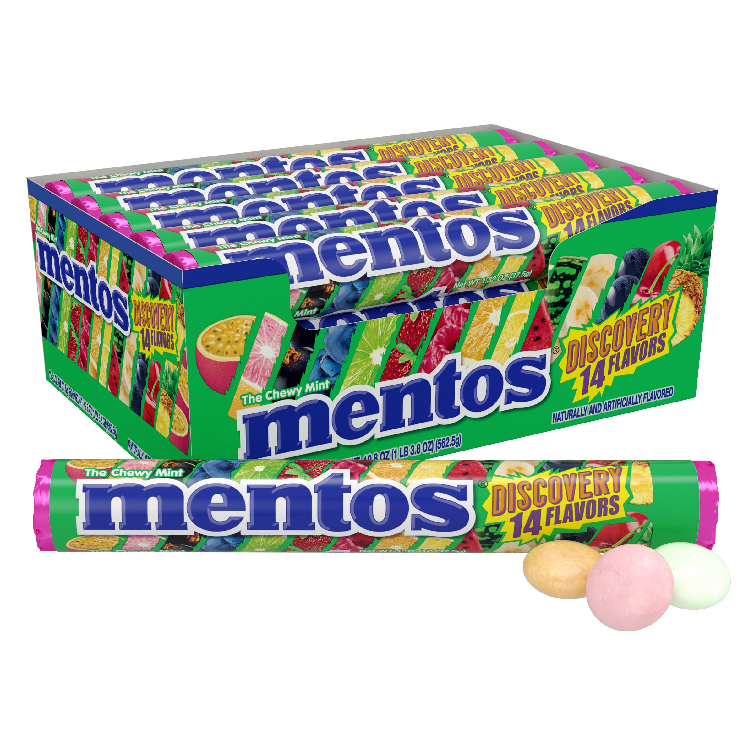 Mentos Chewy Mint Candy Roll, Discovery 14 Assorted Fruit Flavors, 14 ...