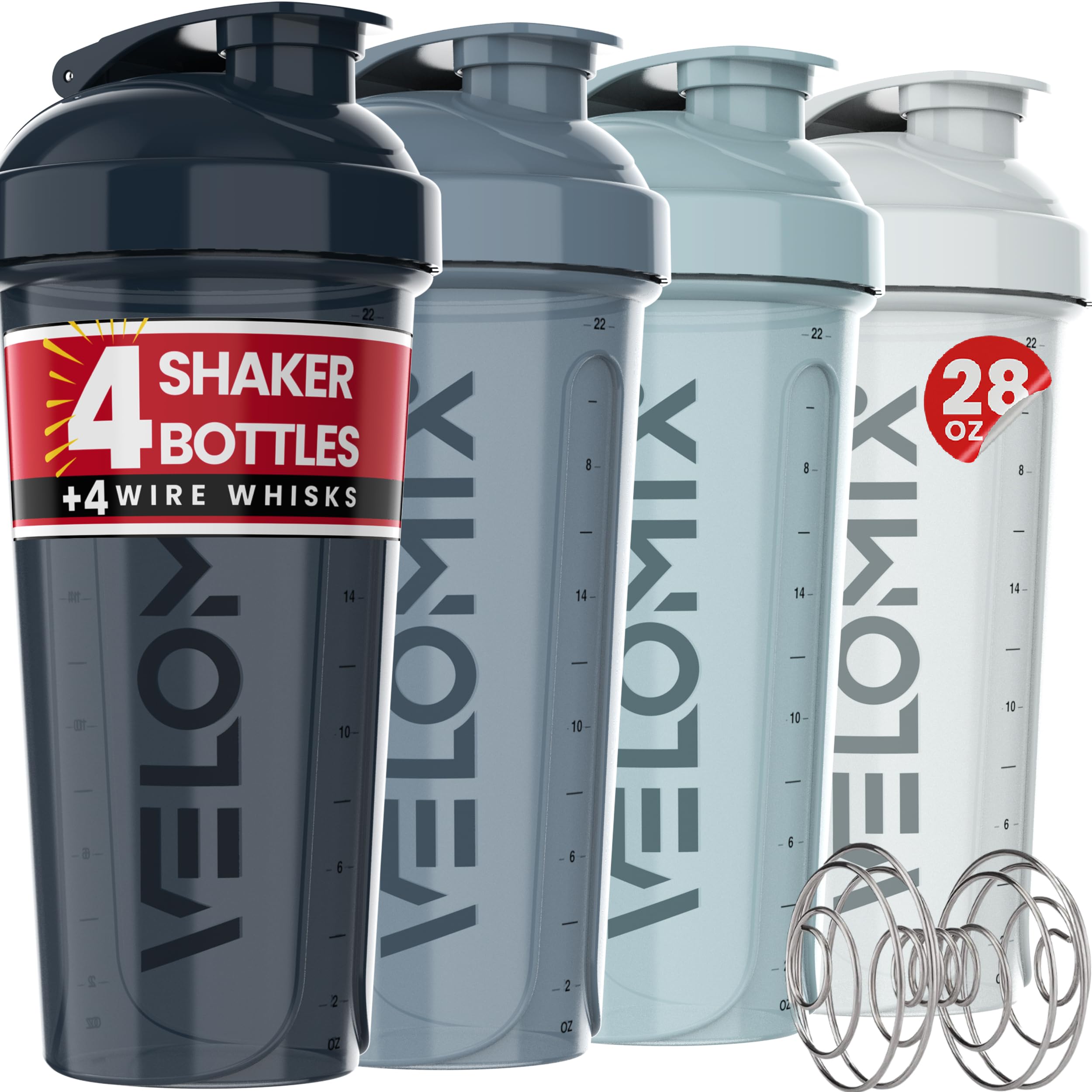 VELOMIX -4 PACK 28 Oz Protein Shaker Bottle for Protein Mixes - 4x Wir ...