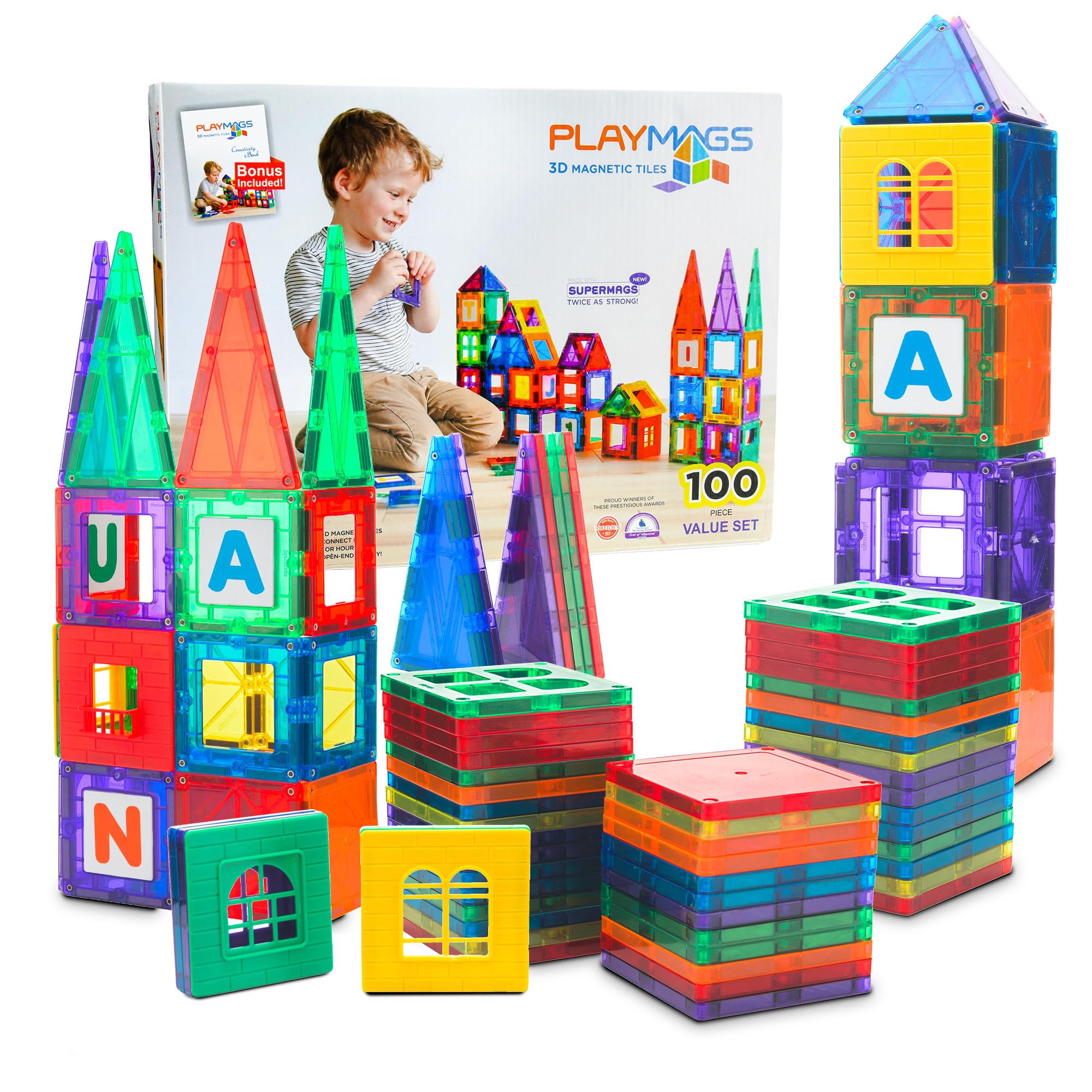 Playmags 100-Piece Magnetic Tiles Building Blocks Set, 3D Magnet Tiles ...