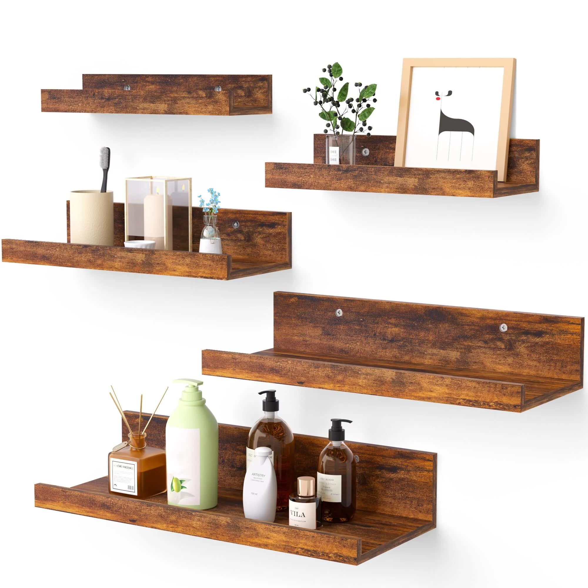 Floating Shelves, Upsimples Wood Shelf Wall Mounted, Set of 5, Multipl ...