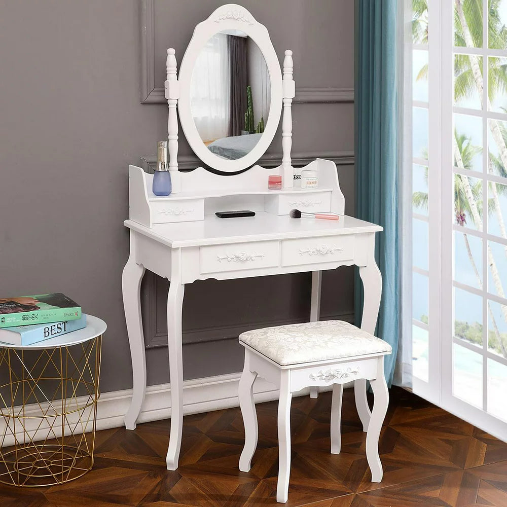 Ktaxon Elegance White Dressing Table Vanity Table and Stool Set Wood M ...