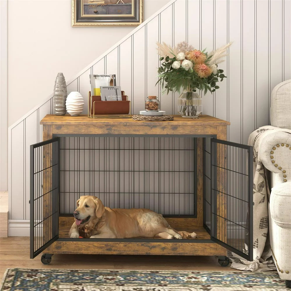 Pefilos 27 Inches Dog Crate Rustic Style Furniture Dog Cage Crate with ...